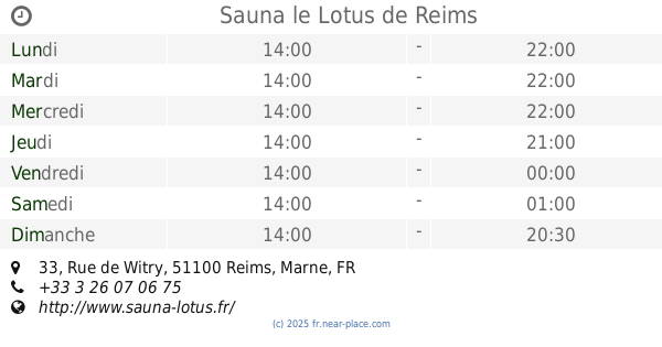 🕗 Sauna le Lotus Reims horaire, 33, Rue de Witry, tel. +33 3 26 07 06 75